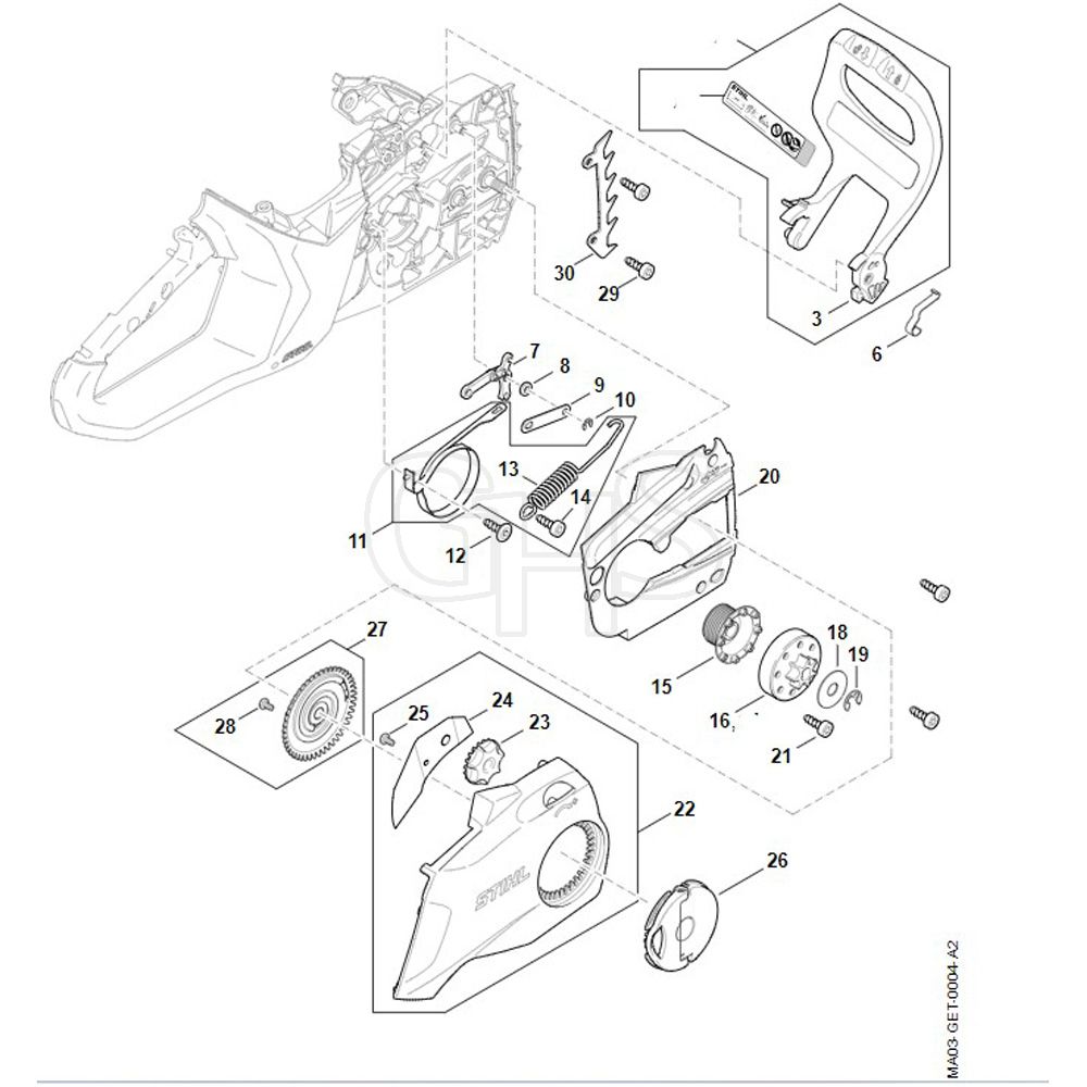 Stihl MSA200.0 C-B - Hand Guard, Chain Brake, Chain Tensioner - Parts ...